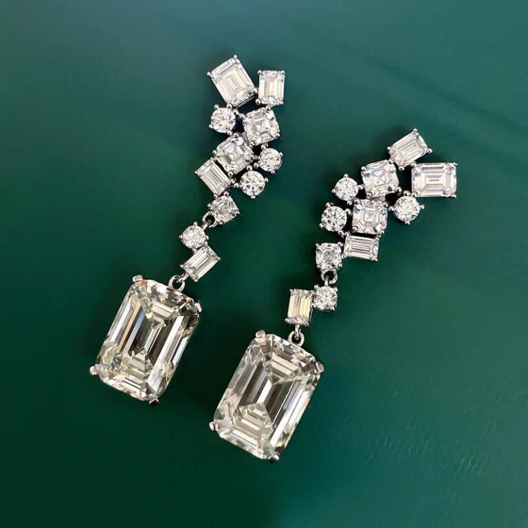 Drop Earrings Emerald Cut Diamond Silver. | D-Carats