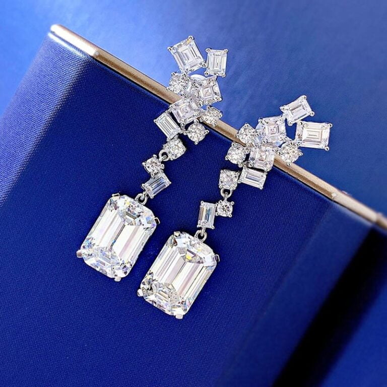 Drop Earrings Emerald Cut Diamond Silver. | D-Carats