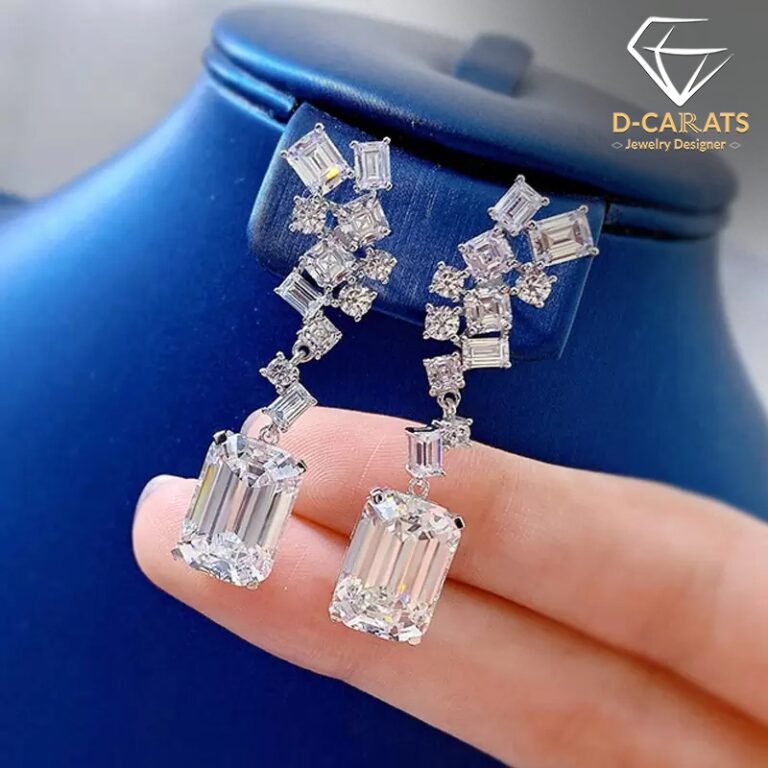 Drop Earrings Emerald Cut Diamond Silver. | D-Carats