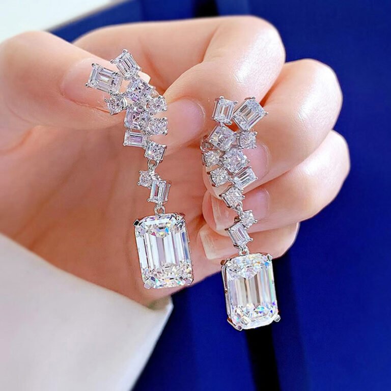 Drop Earrings Emerald Cut Diamond Silver. | D-Carats